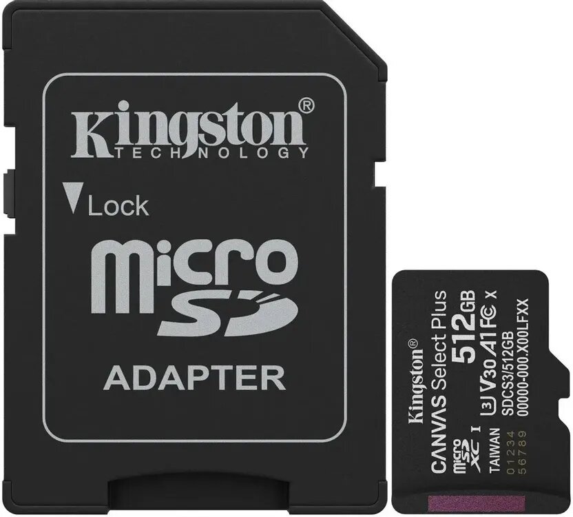 Карта памяти microSDXC UHS-I U3 Kingston Canvas Select Plus 512 ГБ, 150 МБ/с, Class 10, SDCS3/512GB, 1 шт, переходник SD