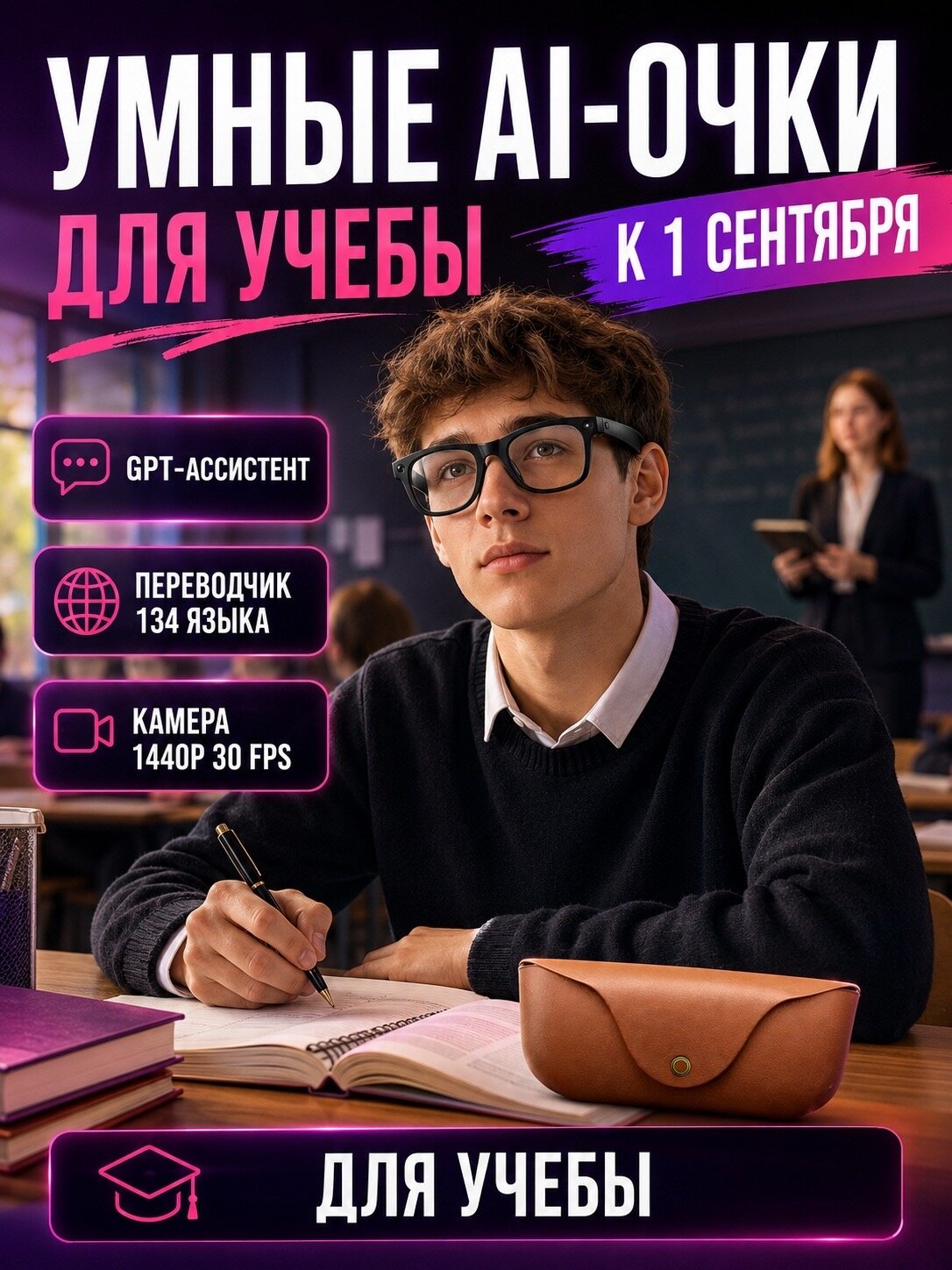 Умные очки с камерой, Для Учебы и работы , Al ассистент , Переводчик 134 языка , с защитным чехлом