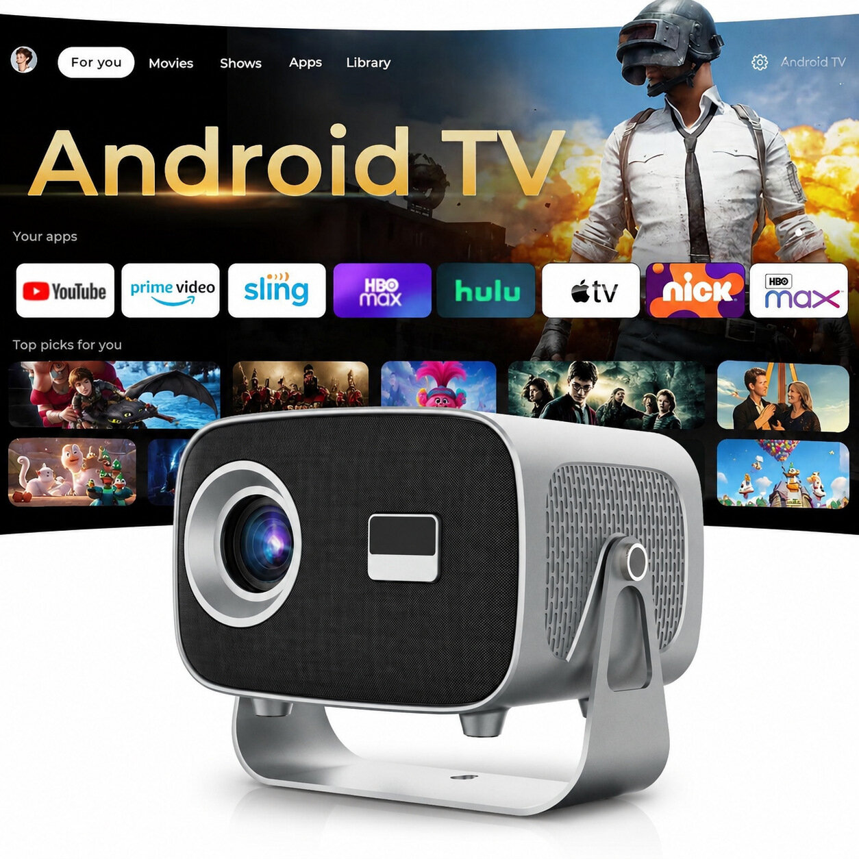 Ортативный смарт-проектор A10, Android TV, 4K (поддержка/декодирование), Wi‑Fi/зеркаливание с телефона