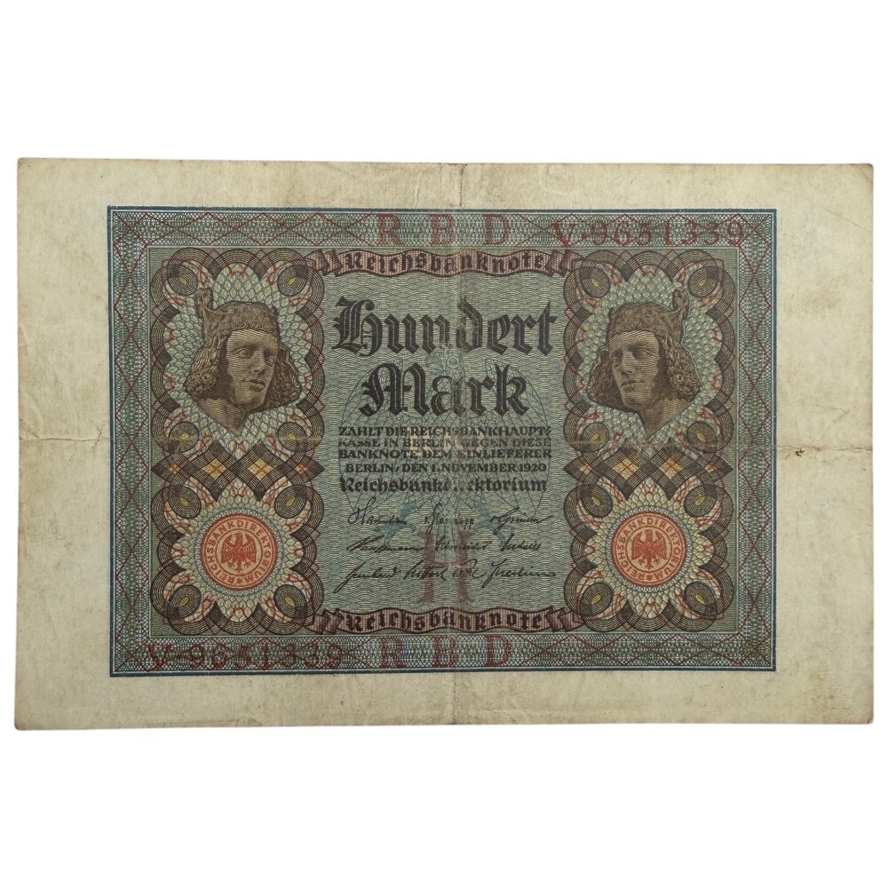 Веймарская республика (Германия) 100 марок 1920 г. (Литера H) (Серия V) (7-значный номер)
