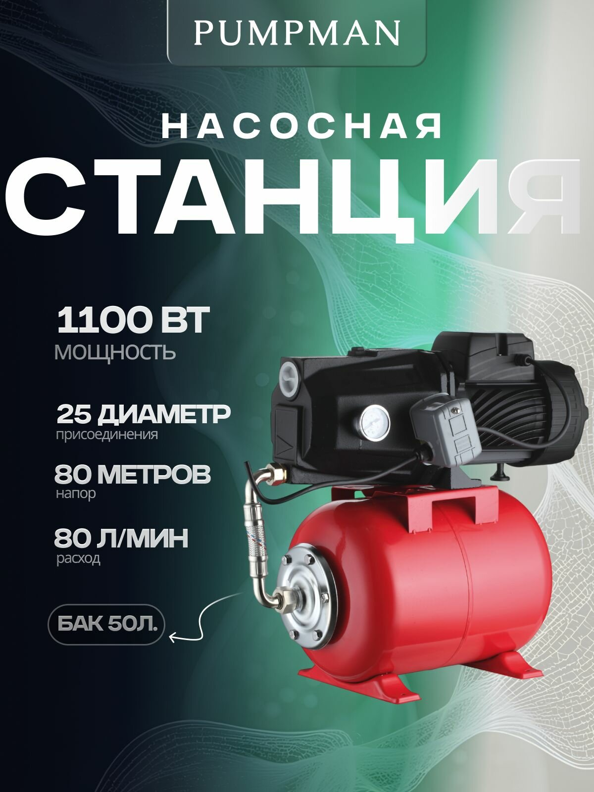 Насосная станция PUMPMAN ATJET150N с баком 50 л. (80 л/мин, напор 55 м)