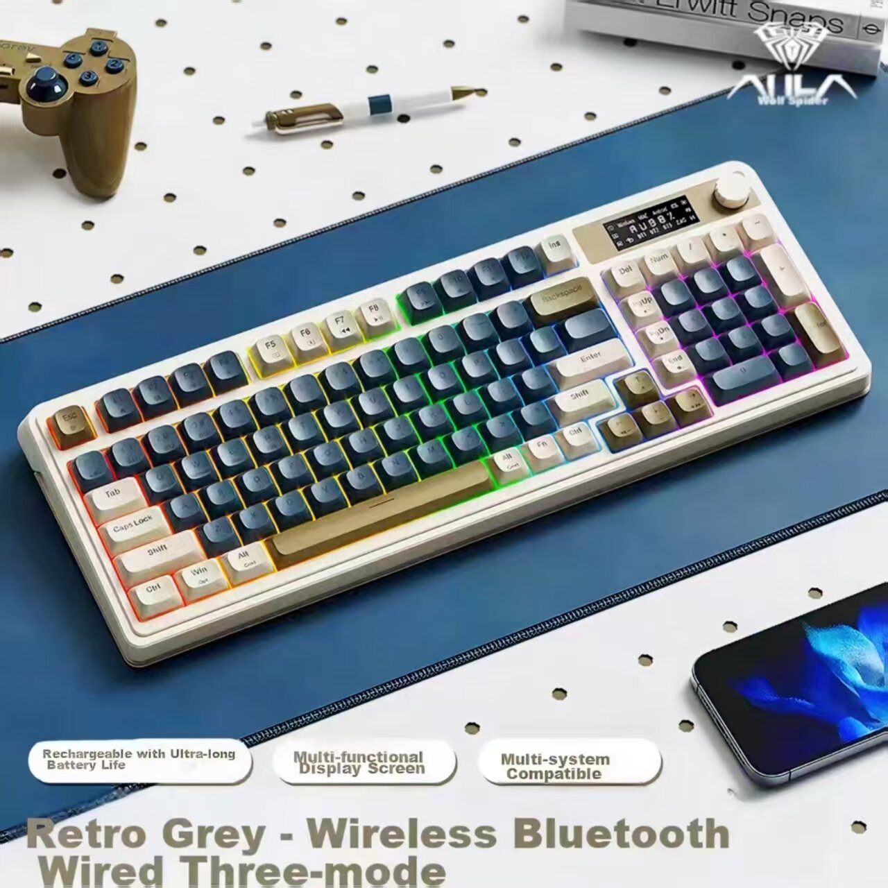 Клавиатура AULA S99Pro, механическая, RGB-подсветка, совместимость с Mac, винтажная серая