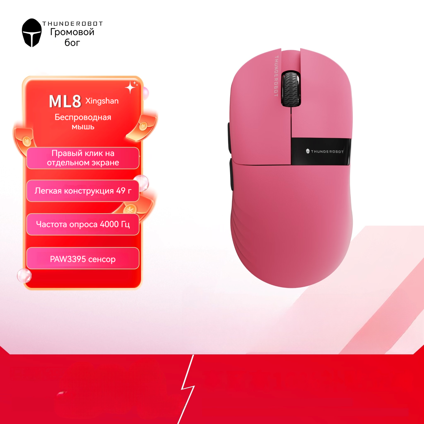 ThundeRobot ML8 Беспроводная мышь весом 49 г/ двухрежимный проводной дисплей/2,4 G DPI26000/IPS650 4K