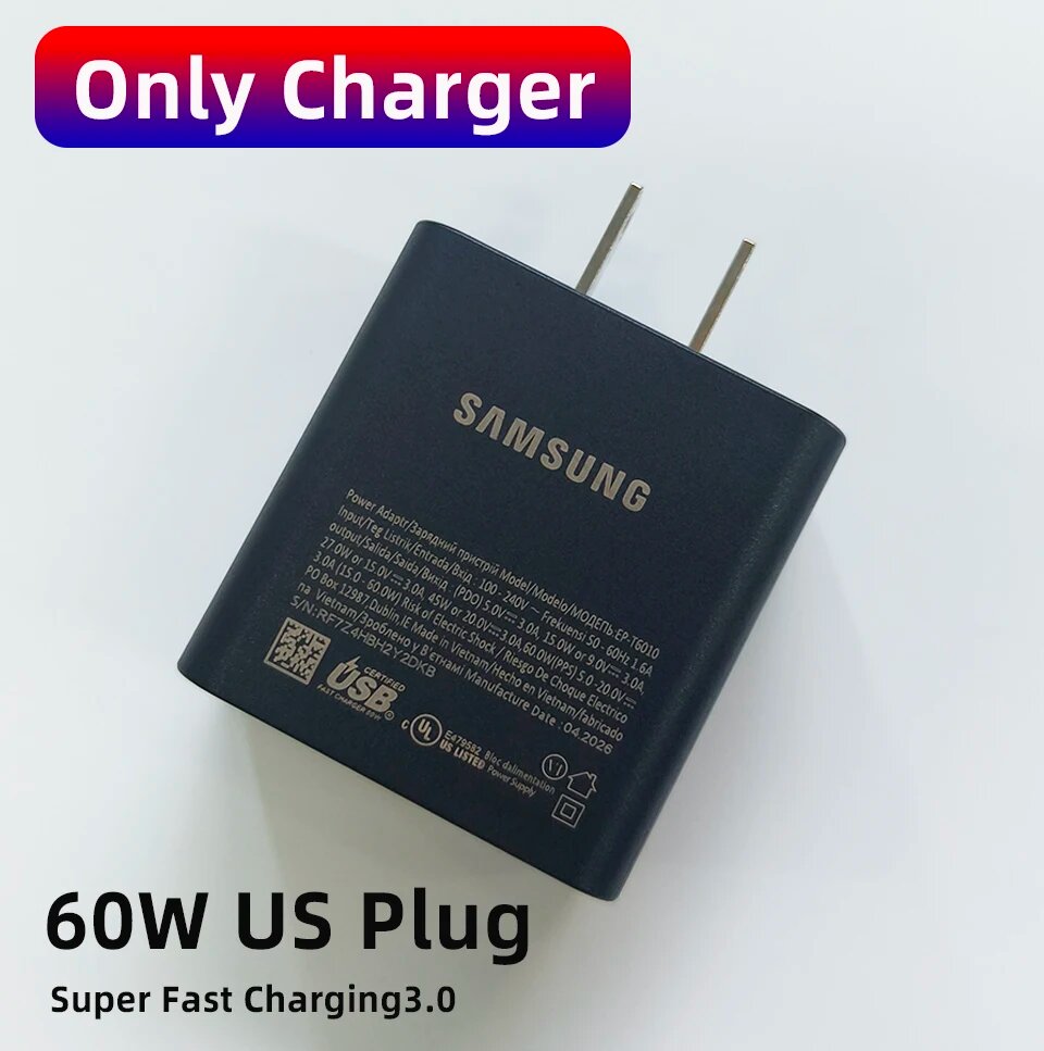 Оригинальное Быстрое Зарядное Устройство Samsung 60W С Адаптером USB-C EU/US Для Only Black US Plug