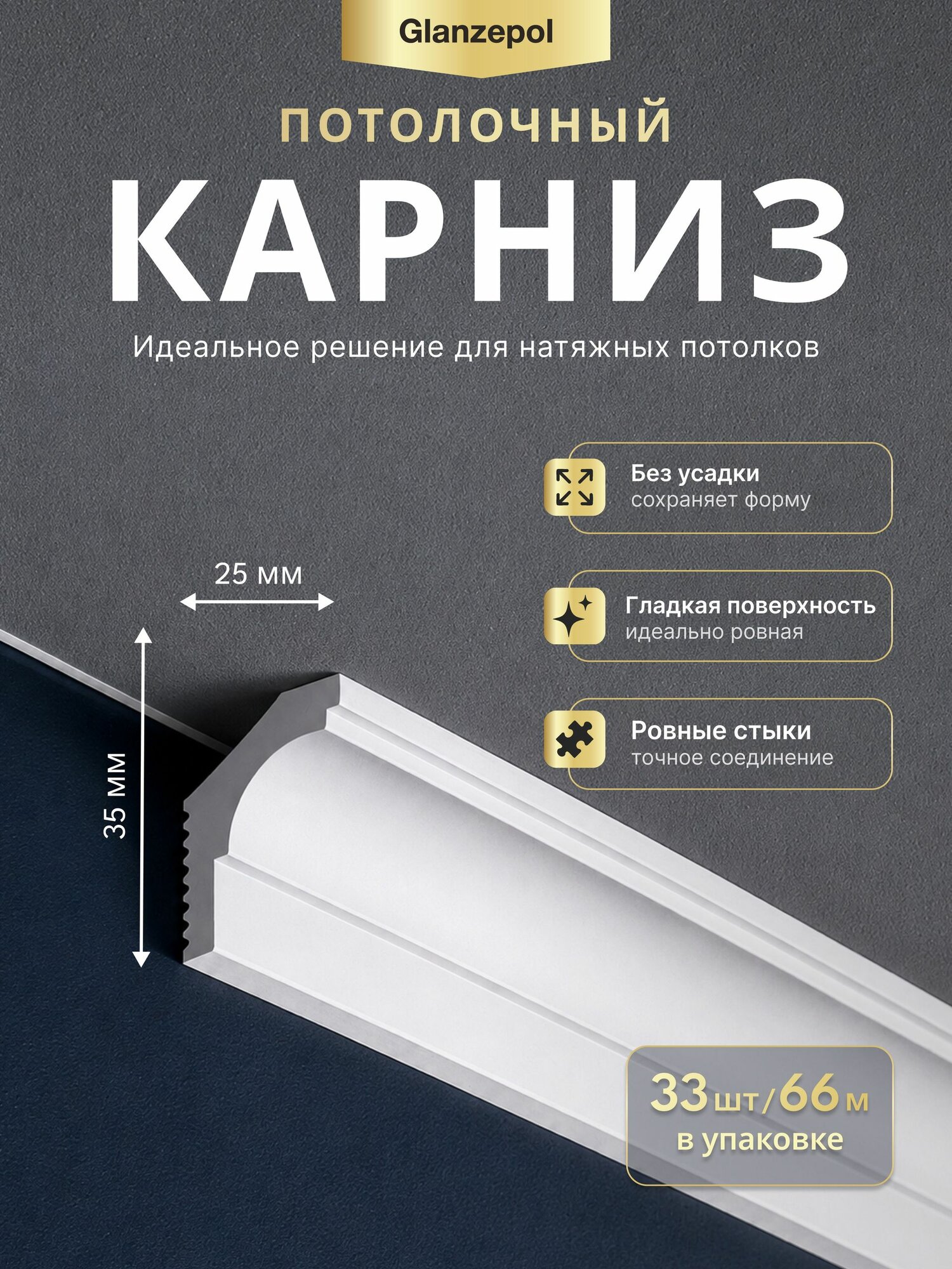 Потолочный плинтус из полистирола под покраску, потолочный карниз, багет, 35*25*2000 мм, 33 штук, GPX-6, GLANZEPOL
