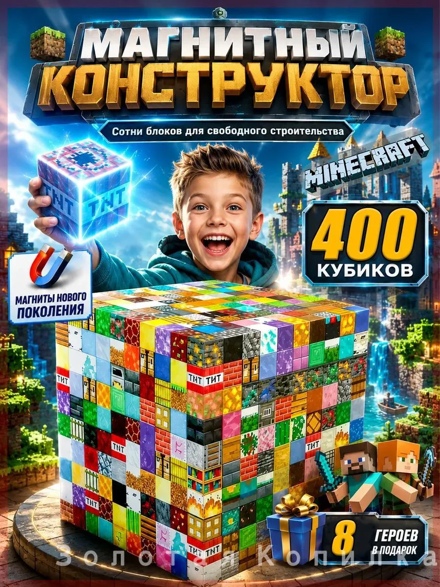Майнкрафт, магнитные строительные блоки, сделай сам, 400 шт, Minecraft магнитный конструктор 400 случайных блоков