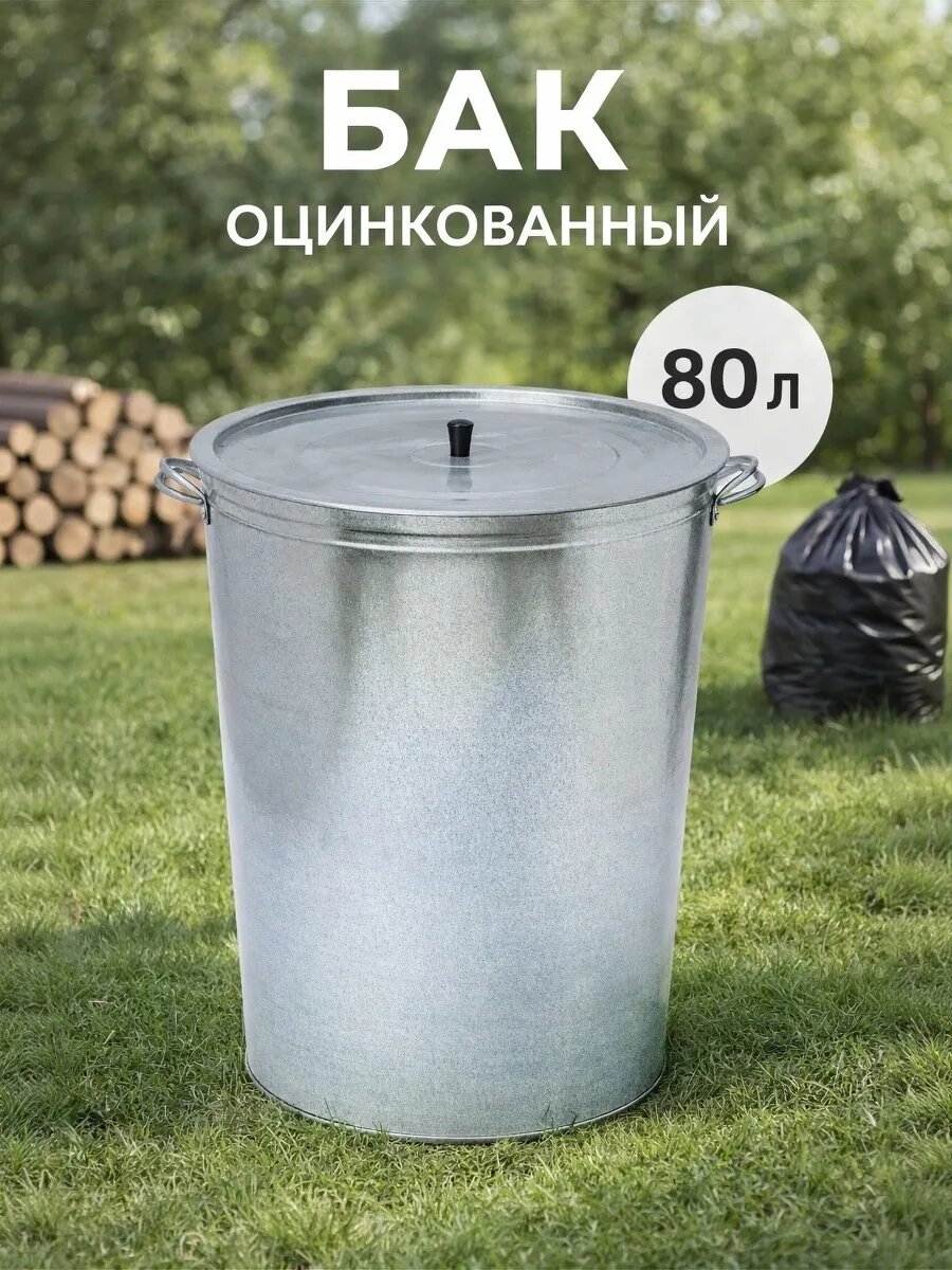 Бак оцинкованный SKYPHOS, 80 л, с крышкой, без решетки, ГОСТ, серебристый