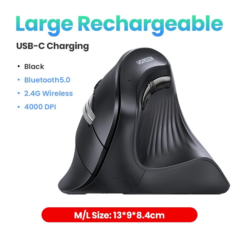 UGREEN Беспроводная вертикальная мышь Bluetooth 5.0 4000 DPI Large Rechargeable