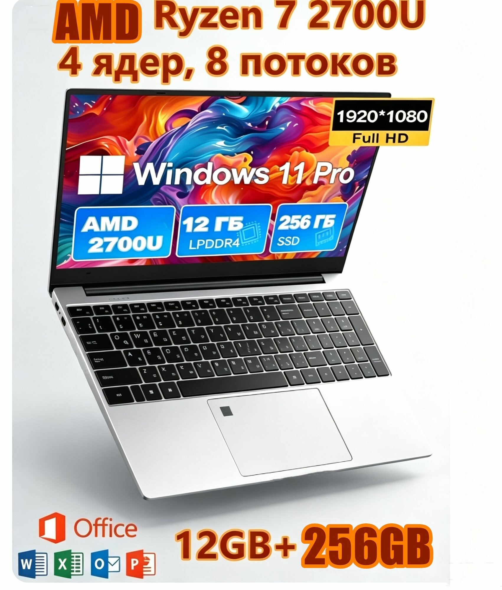 Металл Ноутбук JNMD 15.6" IPS Ram 12 ГБ Rom 256 ГБ SSD AMD Ryzen 7 2700U Windows 11 Pro Русская клавиатура