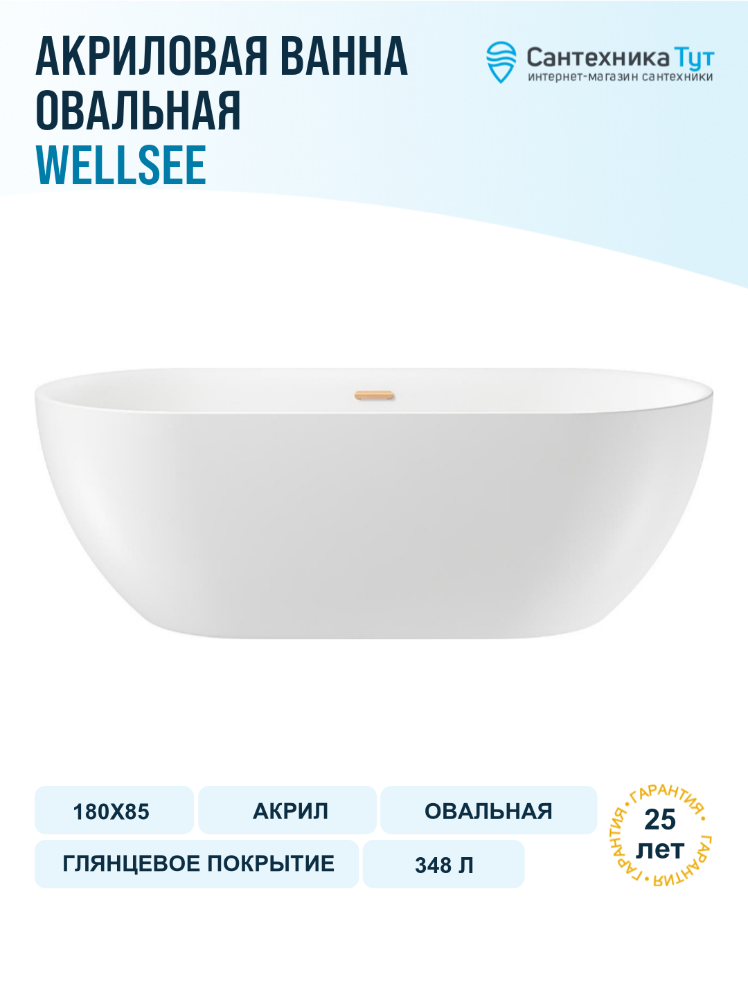 Акриловая ванна Wellsee Chic Riviera 179х85 236803004 цвет Белый глянцевый Золото