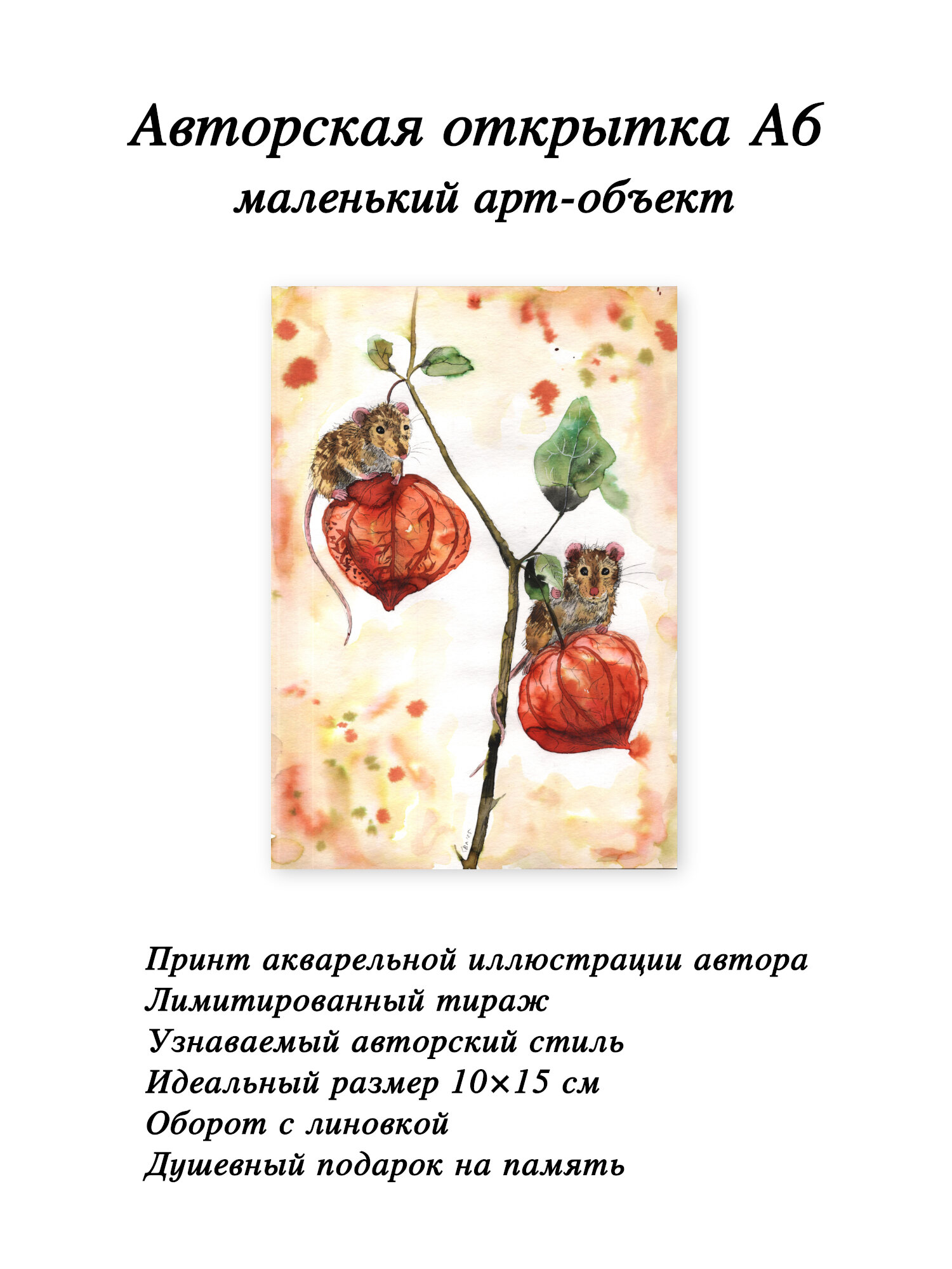 Авторская открытка 10×15 см “Мышки на физалисе”, акварельная иллюстрация от художника