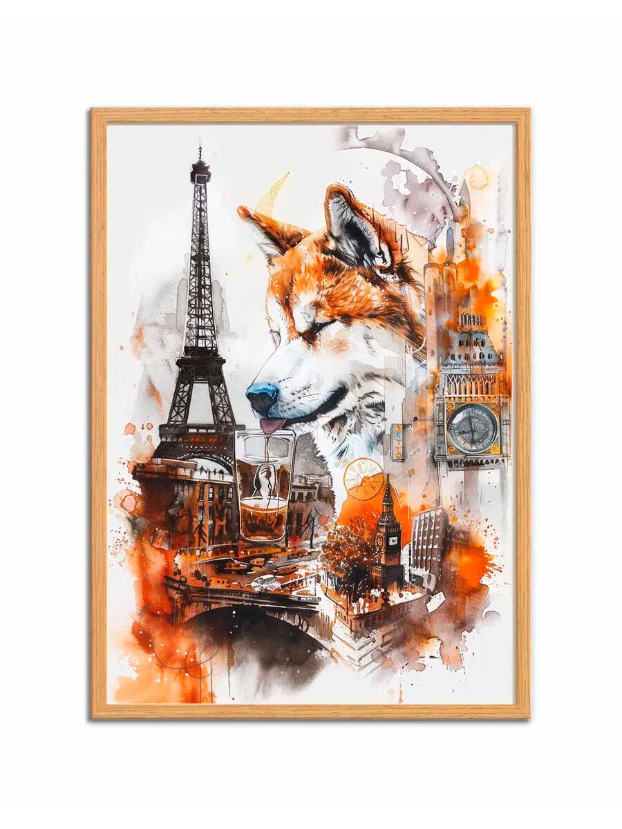 Собака породы Акита пьет виски 1, Плакат 30x42см