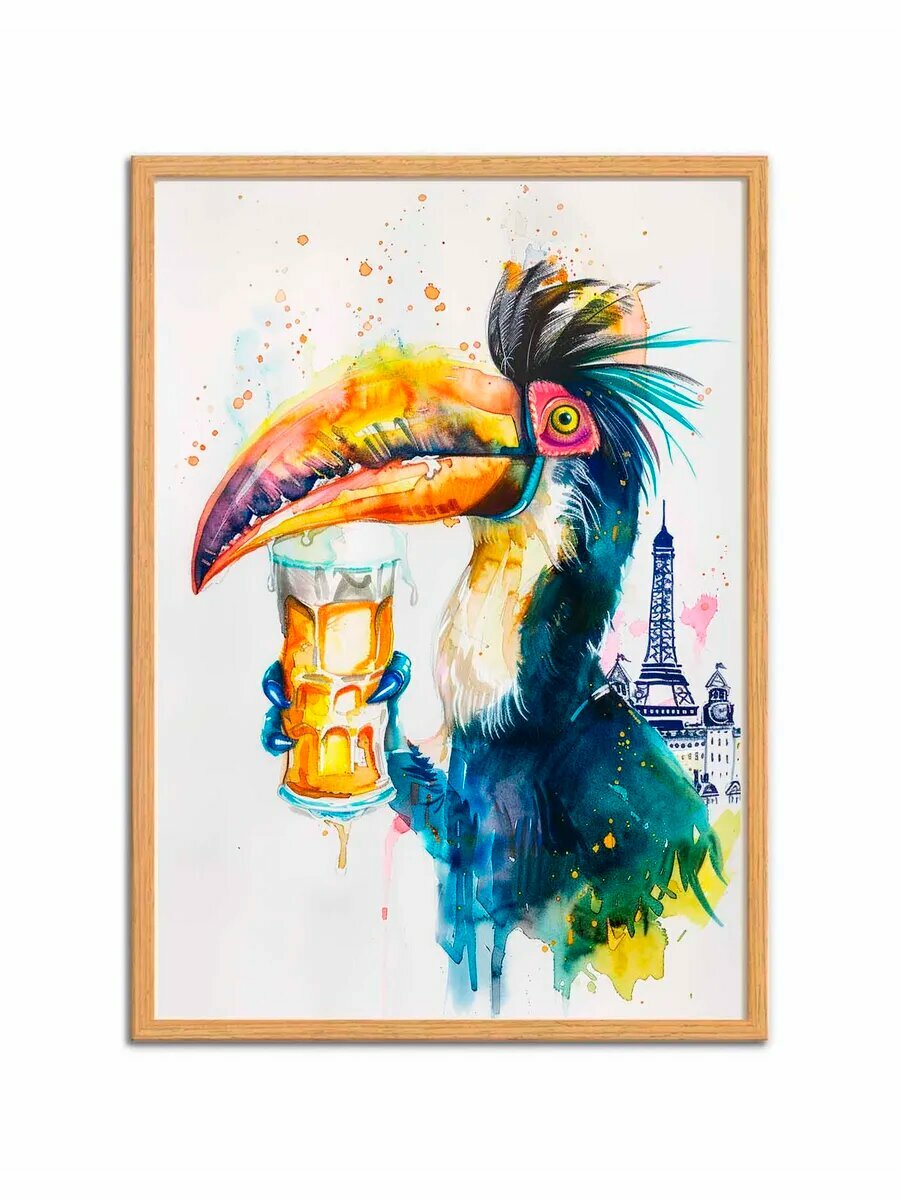 Птица-носорог Пьет пиво 5, Плакат 30x42см