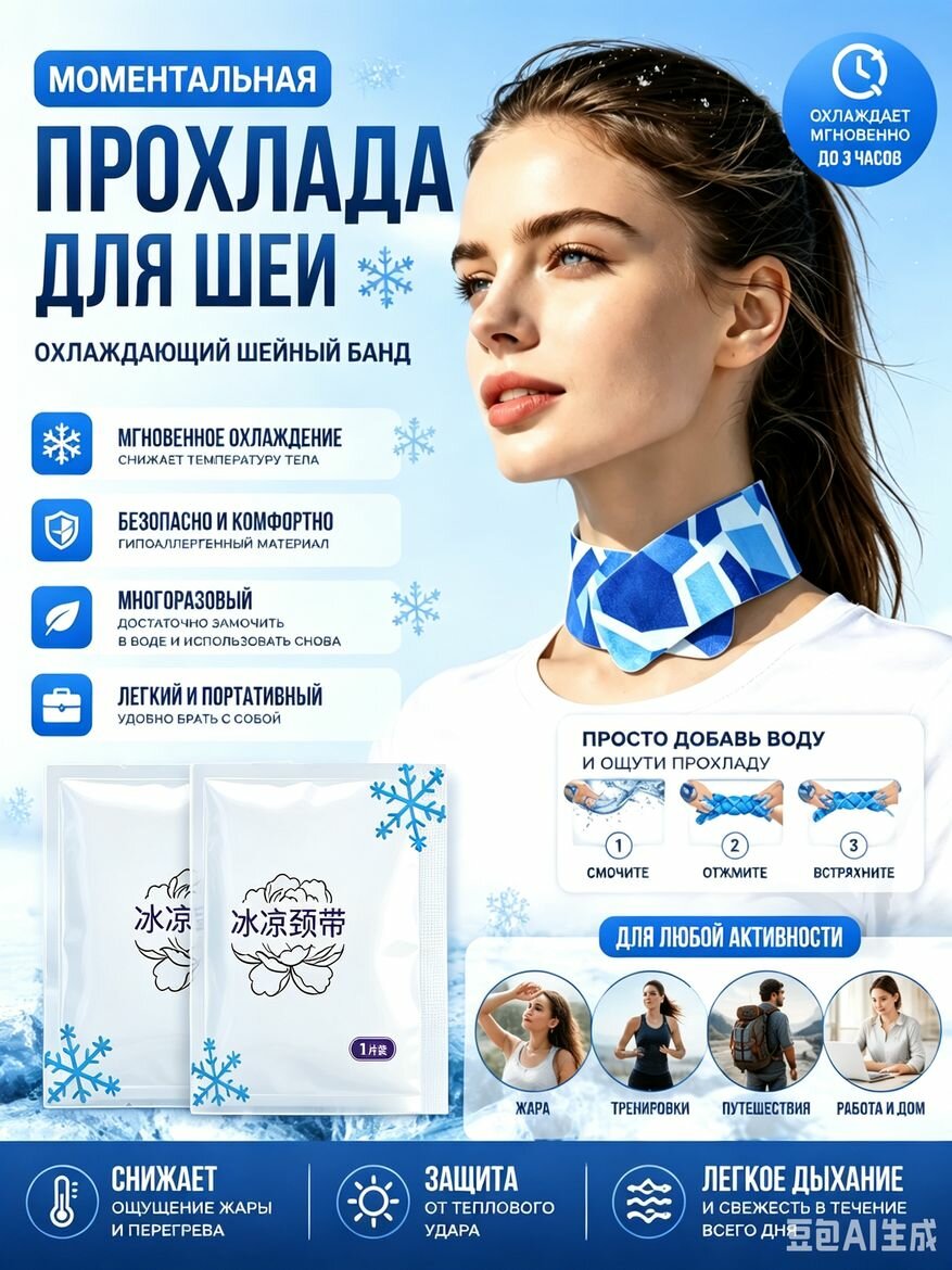 Ледяное прикосновение к шее! Охлаждающая лента, эффект до 4 часов, для дома и улицы, 2 шт