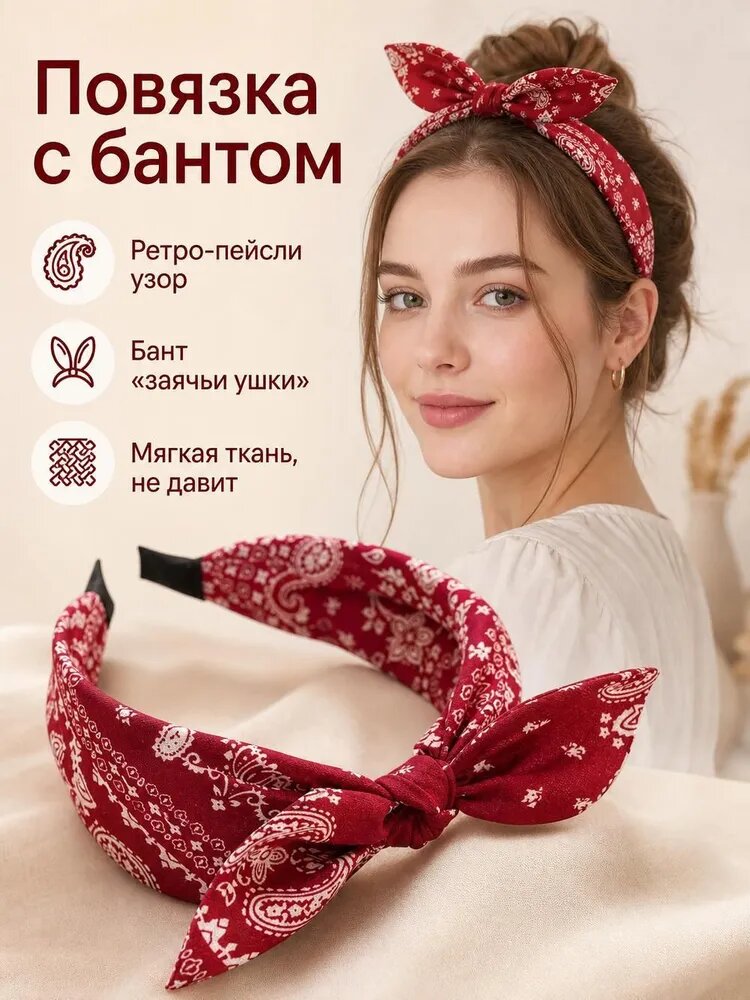 Ободок для волос с бантом, полиэфир, повседневный стиль, красный