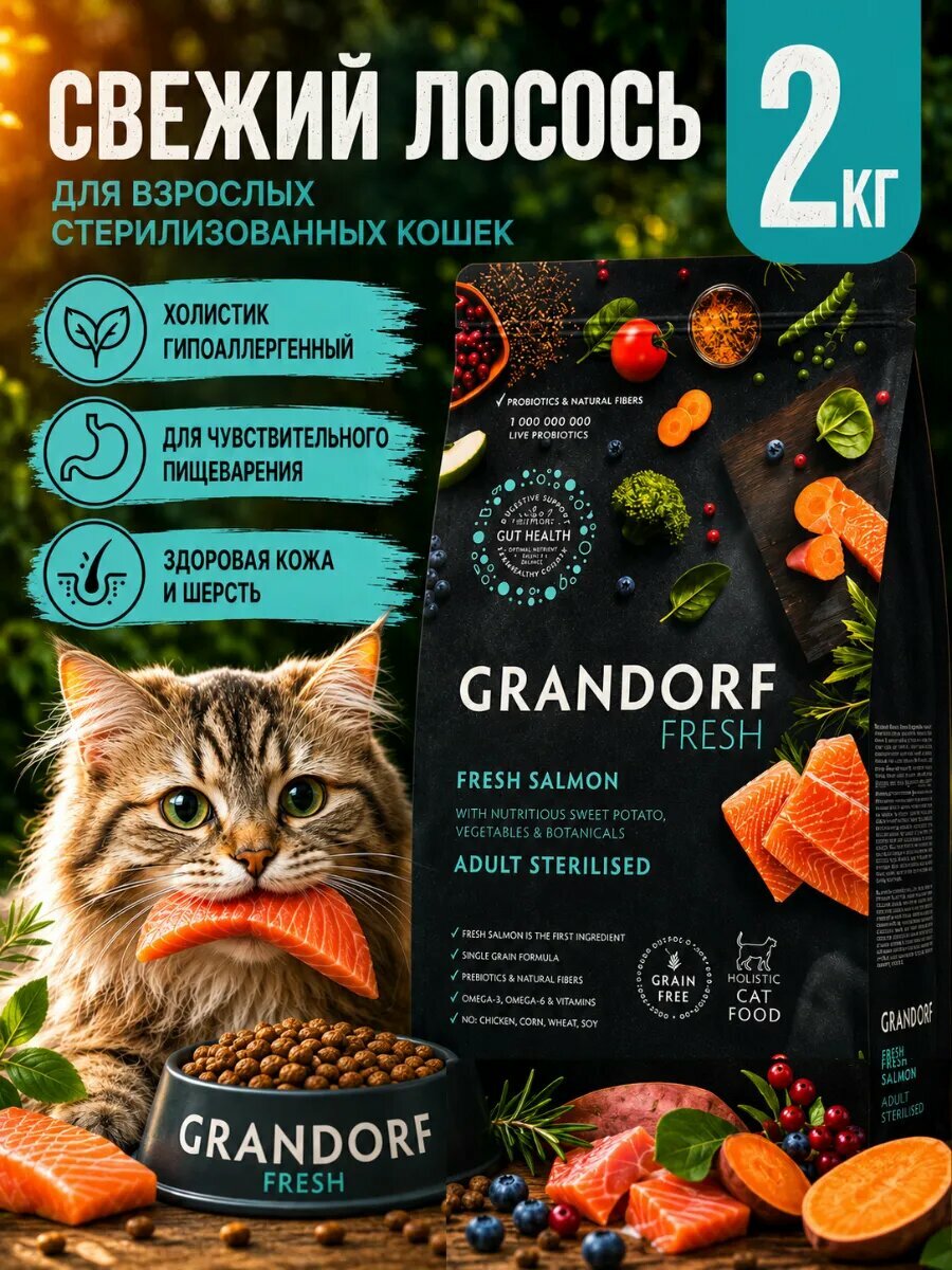 GRANDORF FRESH Adult Сухой корм для взрослых кошек, свежее филе лосося с бататом, 2 кг