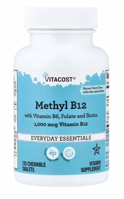 Vitacost, метил B12 с витамином B6, фолатом и биотином, натуральный вишневый вкус, 120 жевательных таблеток