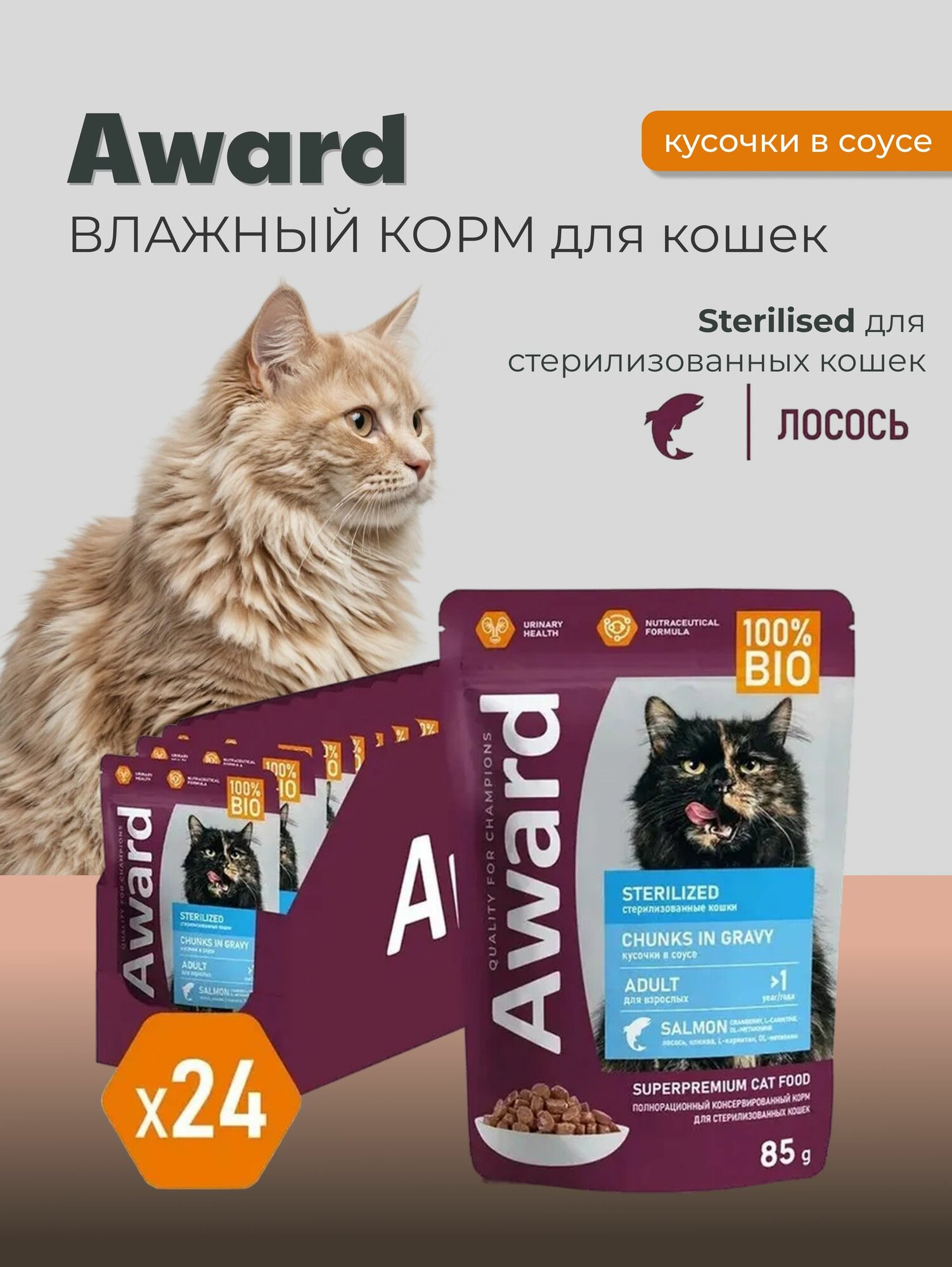 Влажный корм AWARD Sterilized для взрослых стерилизованных кошек кусочки в соусе с лососем 85г*24 шт