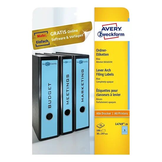 Этикетки Avery Zweckform для узких папок, синие 38x297 мм {L4749-20} (5 шт на листе A4), 20 листов