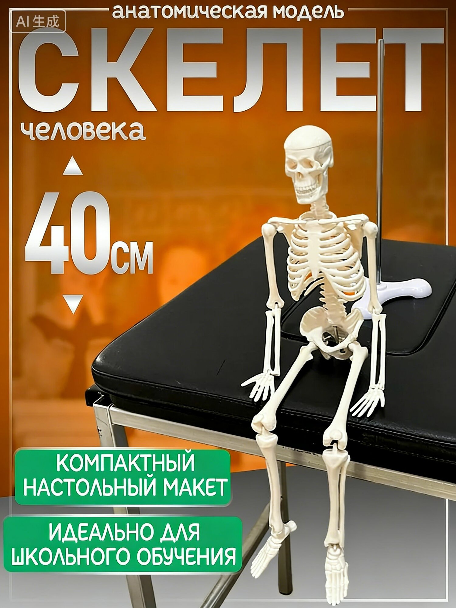 Модель человеческого скелета на столе длиной 40 см