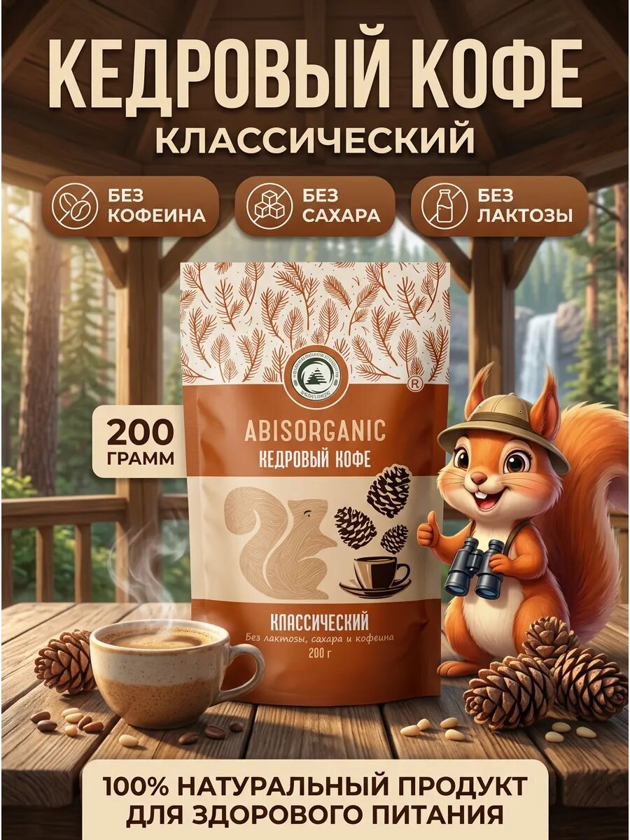 Кофе кедровый растворимый классический без кофеина ABISORGANIC 200 грамм