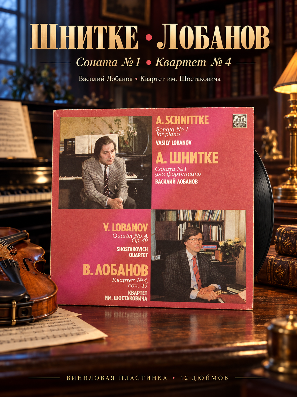 LP А. Шнитке. Соната №1 для фортепиано, соч. 1987г. В. Лобанов. Квартет №4, соч. 49. Квартет им. Шостаковича. Виниловая пластинка 12 дюймов. Русский диск СССР 1991 год.