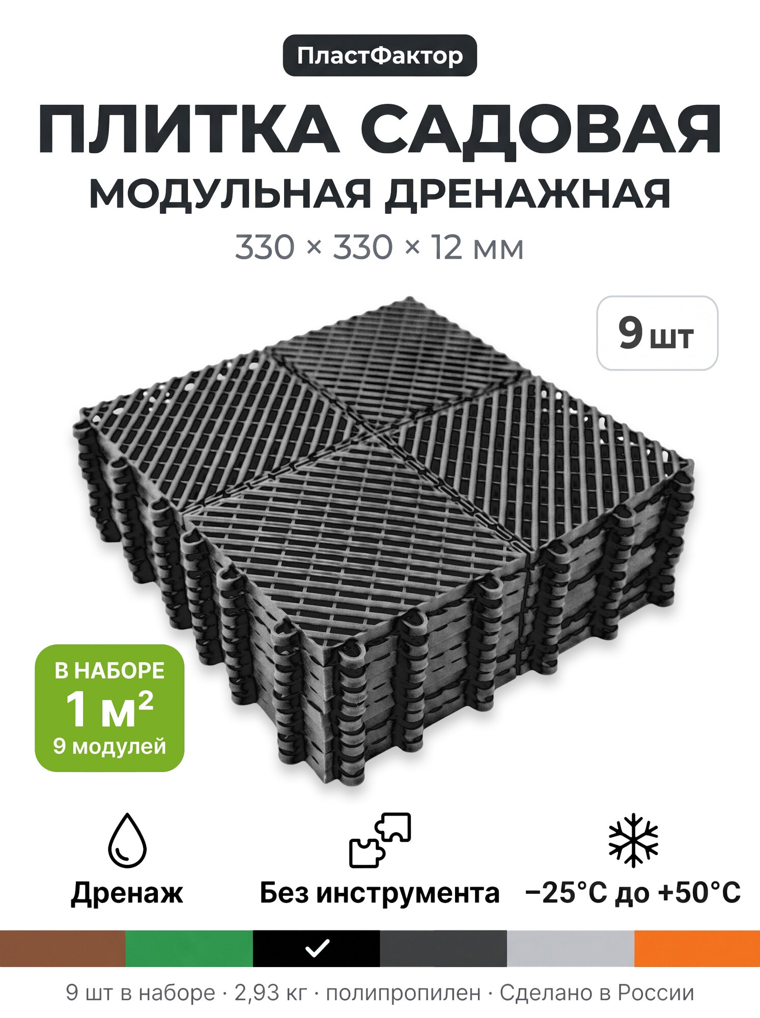 Плитка садовая модульная дренажная ПластФактор City (33*33*1,2 см; 9 шт; 1 м ), черный, RAL 9005