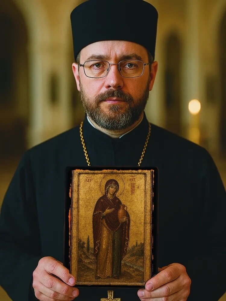 Икона Старица, Геронтисса. Богородица с кувшином, на дереве, 15×18 см