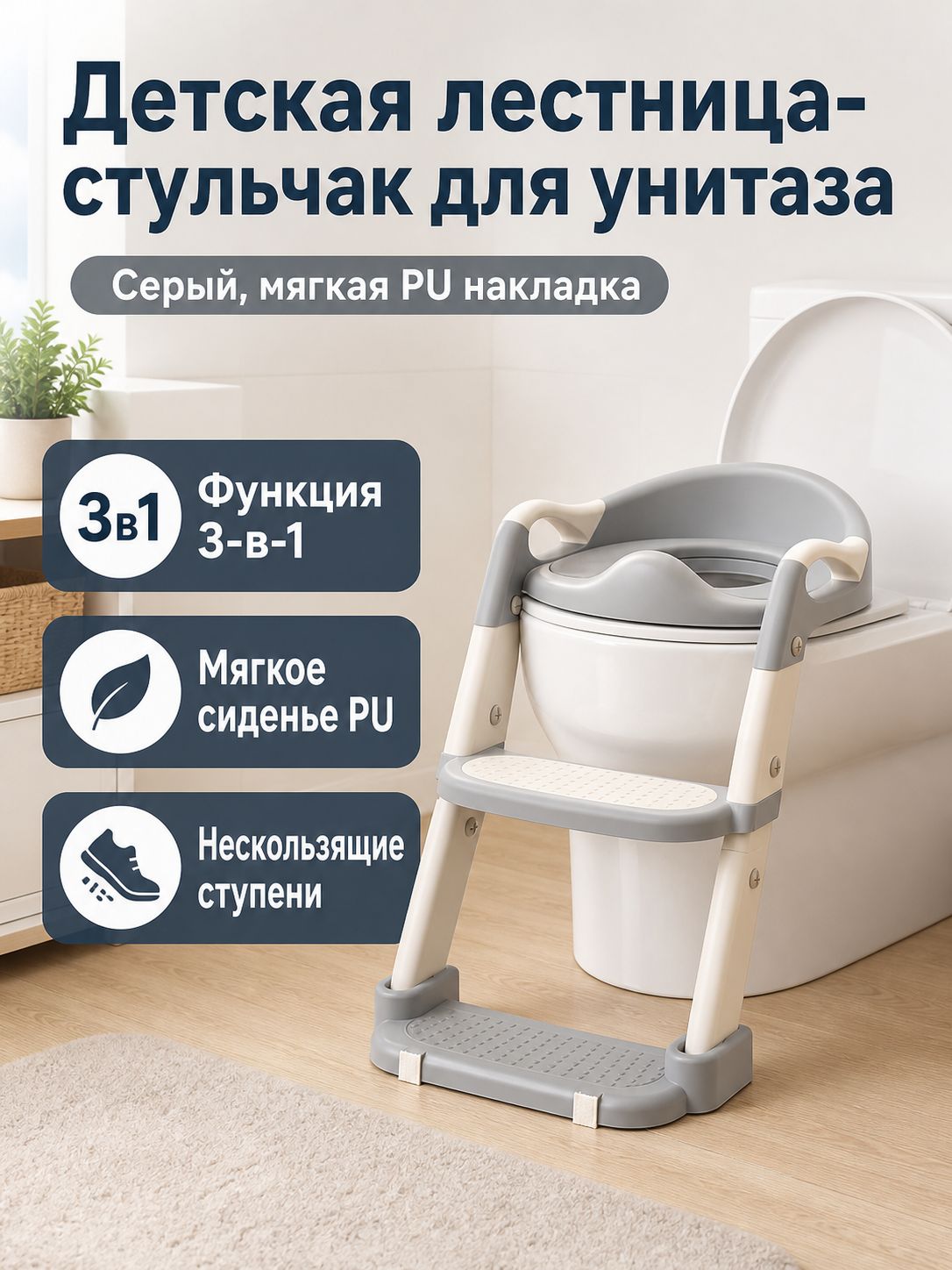 Трехрежимный детский стульчак-ступенька для унитаза и приседания, серый, мягкая накладка из ПУ