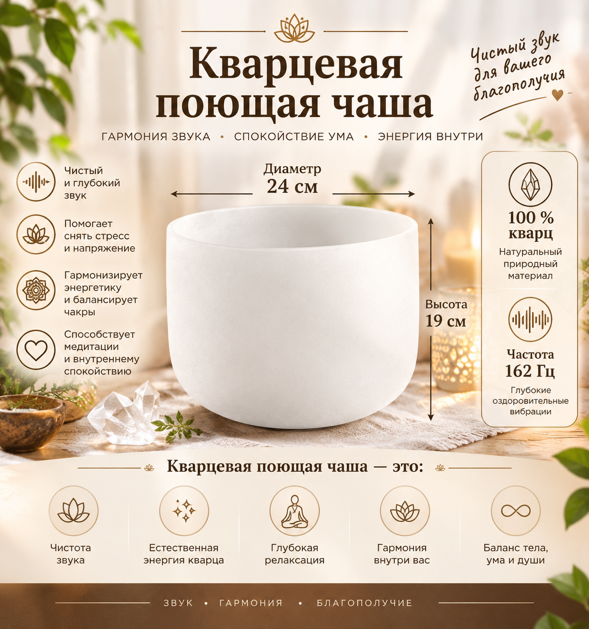 Кварцевая Поющая Чаша, диаметр 24 см, ширина 25 см, высота 19 см, 162 Гц.