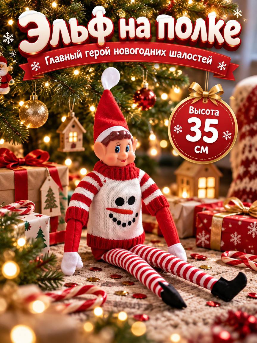Эльф шалун 35см на полку, в белом свитере с изображением снеговика