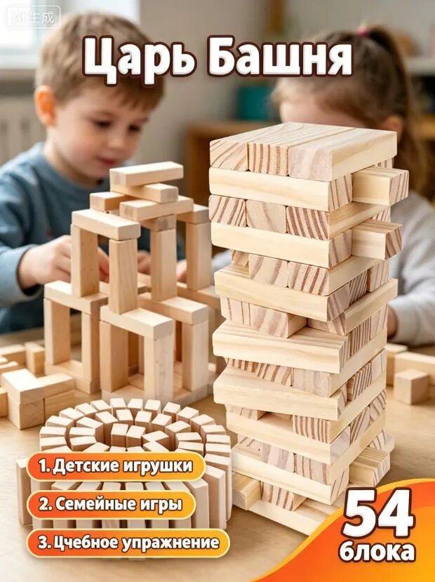 Настольная игра Рыжий кот Деревянная игрушка "Башня. Высотка классическая Maxi" 54 эл. (высота27см, размер бруска 15х25х75 мм)
