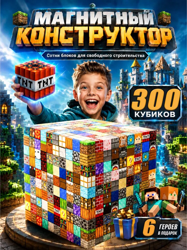 Майнкрафт, магнитные строительные блоки, сделай сам, 300 шт, Minecraft магнитный конструктор 300 случайных блоков