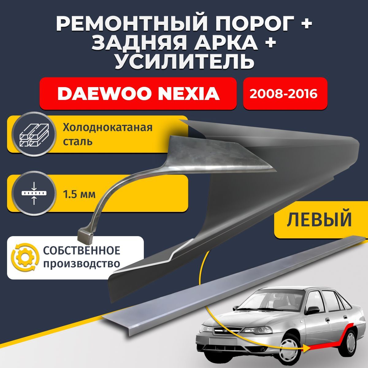 Левая ремонтная задняя арка (0,8 мм) и левый ремонтный стандартный порог (1.5 мм) + усилитель (1,5 мм) на Daewoo Nexia 1 N150 2008-2016 (Деу Дэу Нексия Нэксия). Материал холоднокатаная сталь.