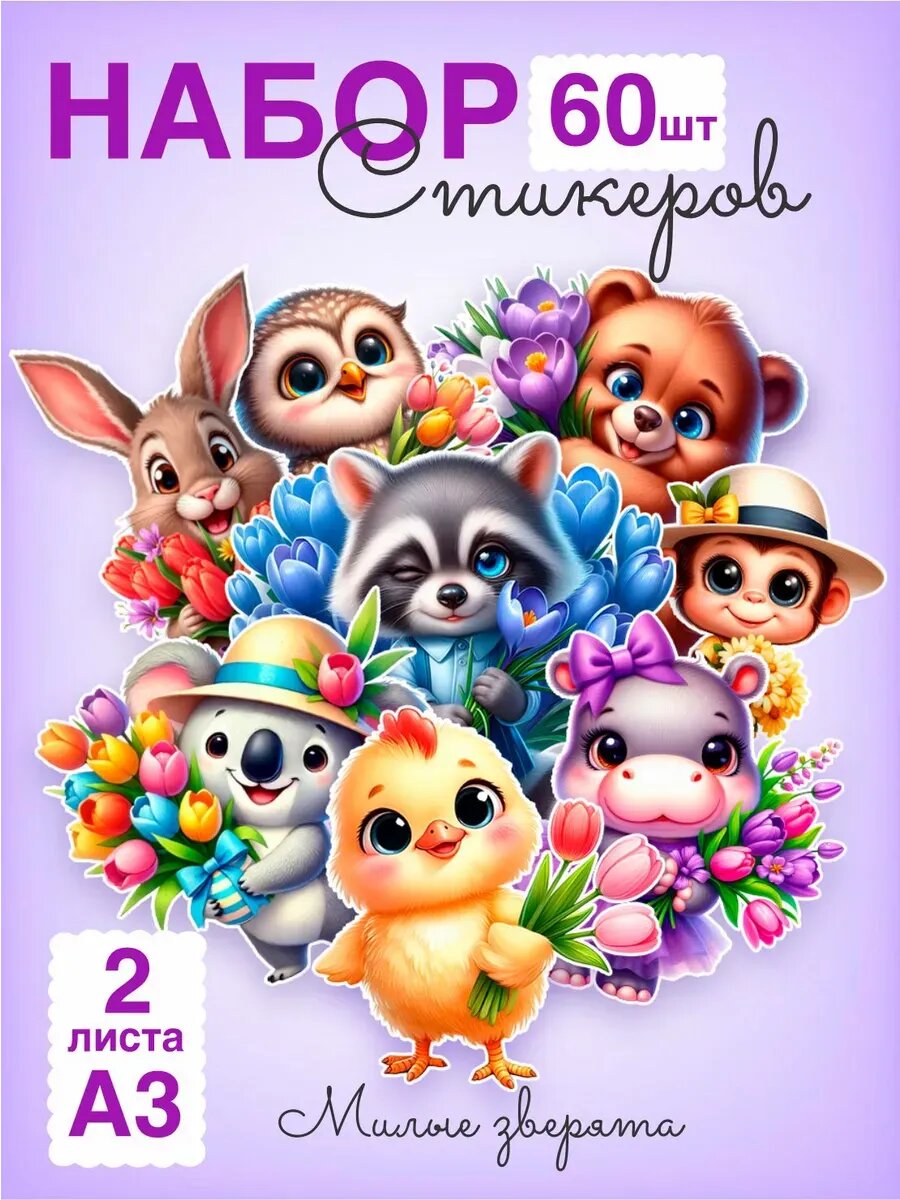 Стикеры милые зверята, детские наклейки