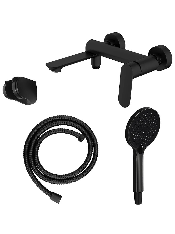 Смеситель для ванны с душем AZARIO Alanti AZ-K3032B с душевым гарнитуром, настенный, однорычажный, черный, матовый, латунный, с керамическим картриджем