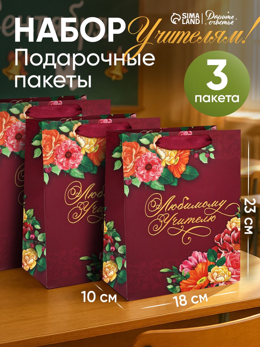 Пакеты подарочные учителю, набор 3 шт,18 х 23 х 10 см