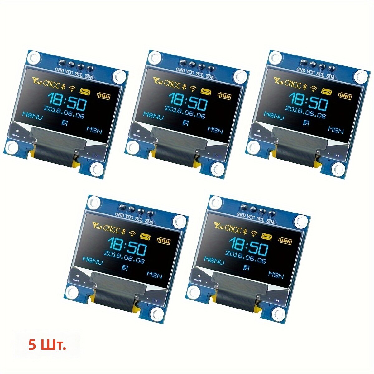 Модуль дисплея OLED 0,96 дюйма с интерфейсом I2C, разрешение 128x64, контроллер SSD1306, желто-синий цвет, 5 шт.