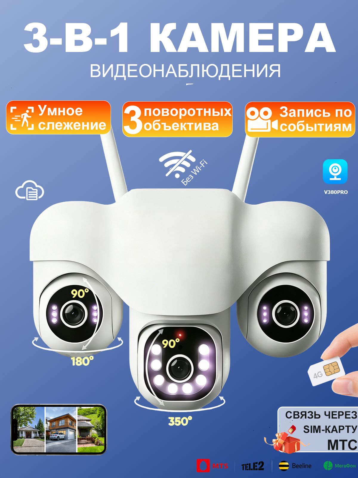 Уличная камера видеонаблюдения 4G с тремя объективами и автослежением, поддержка SIM-карт, цветное ночное видение, IP66