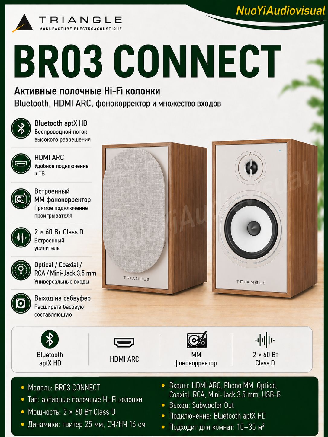 Активные беспроводные Hi-Fi колонки Triangle Borea BR03 Connect, Bluetooth 5.0, HDMI ARC, 2.0, 120 Вт, цвет дуб