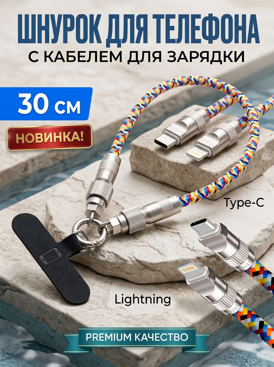 Шнурок для телефона с кабелем зарядки Type-C на Type-C с функцией быстрой зарядки 30см