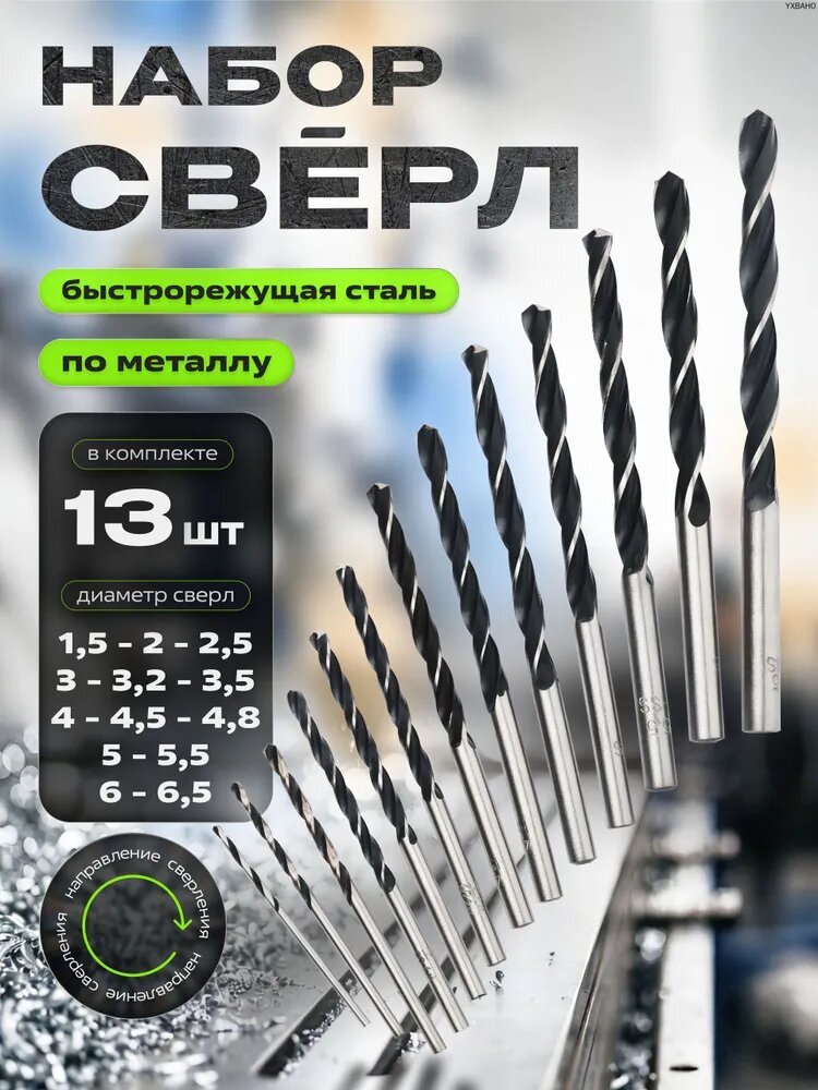 Набор сверл по металлу 1,5-6,5 мм. из 13 шт. Р6М5,
