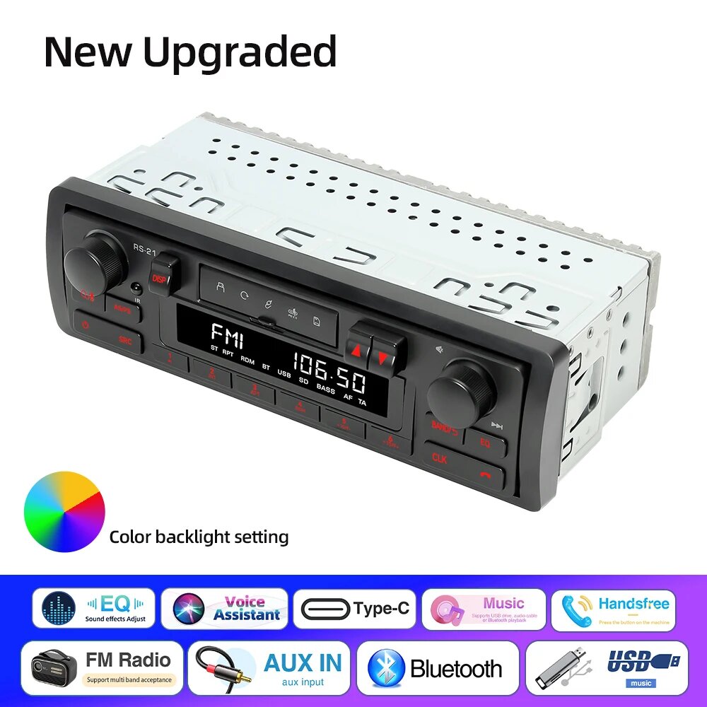 Автомобильный MP3-плеер 1 Din В Ретро-стиле С Bluetooth 5.1, AUX, FM, AM, RDS, EQ, QC3.0, Голосовым Управлением, 12В, Стерео