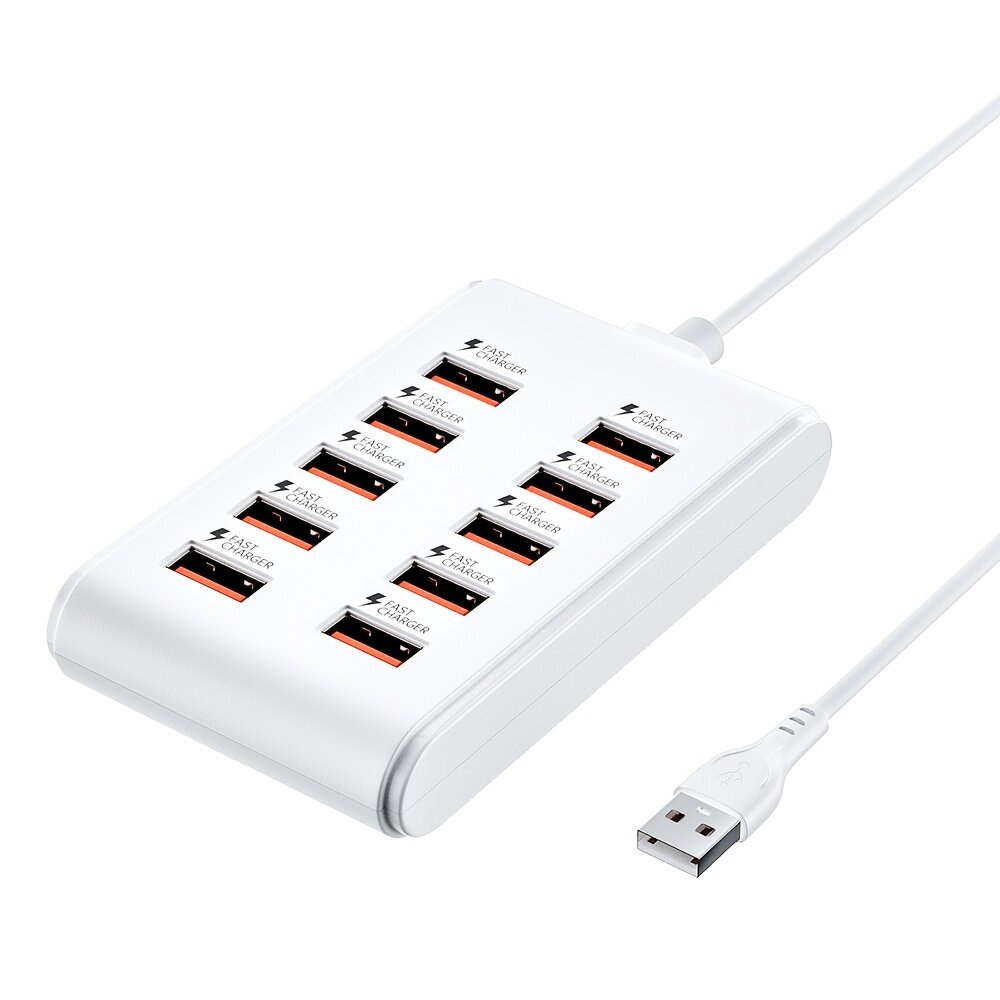 Зарядная станция USB на 10 портов с быстрой зарядкой 9В/2А, 5В/3А, 5В/2А, 5В/1А и передачей данных 480 Мбит/с для ноутбуков, ПК, внешних клавиатур и мышей, белый цвет