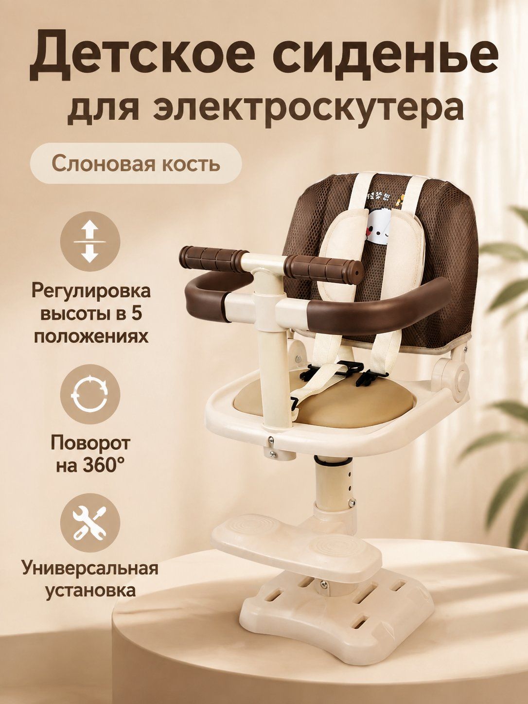 Детское сиденье для электросамоката, регулируемое по высоте (5 уровней), с 5-точечным ремнём и подножкой, цвет слоновой кости