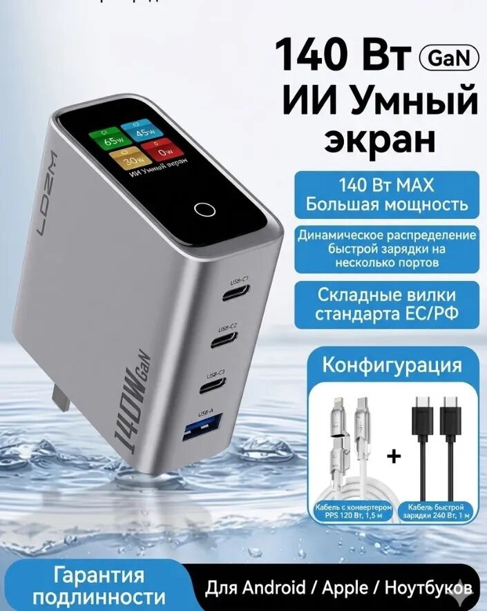 Новое GaN зарядное устройство LDZM мощностью 140 Вт с цифровым дисплеем, поддержка быстрой зарядки PD для ноутбуко