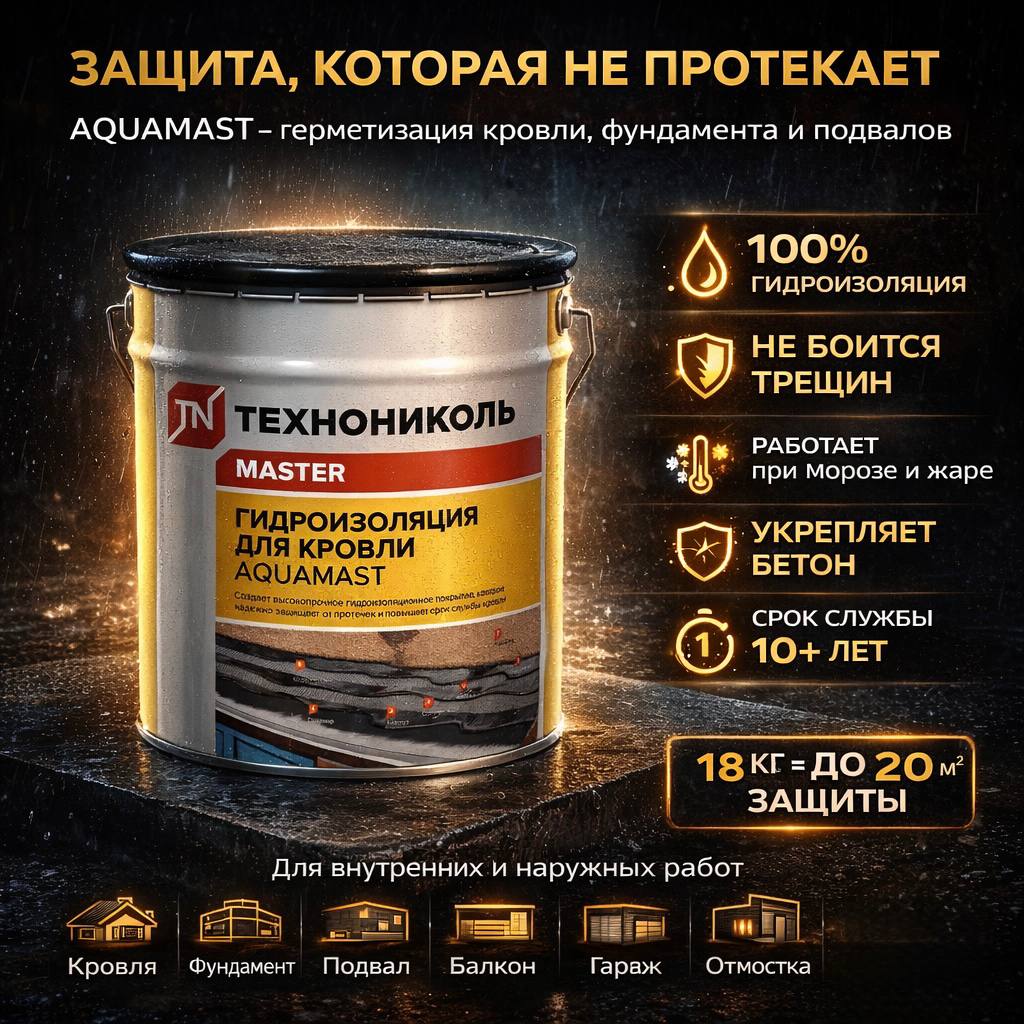 Технониколь AquaMast Гидроизоляционная мастика кровельная битумно-резиновая, 18 кг