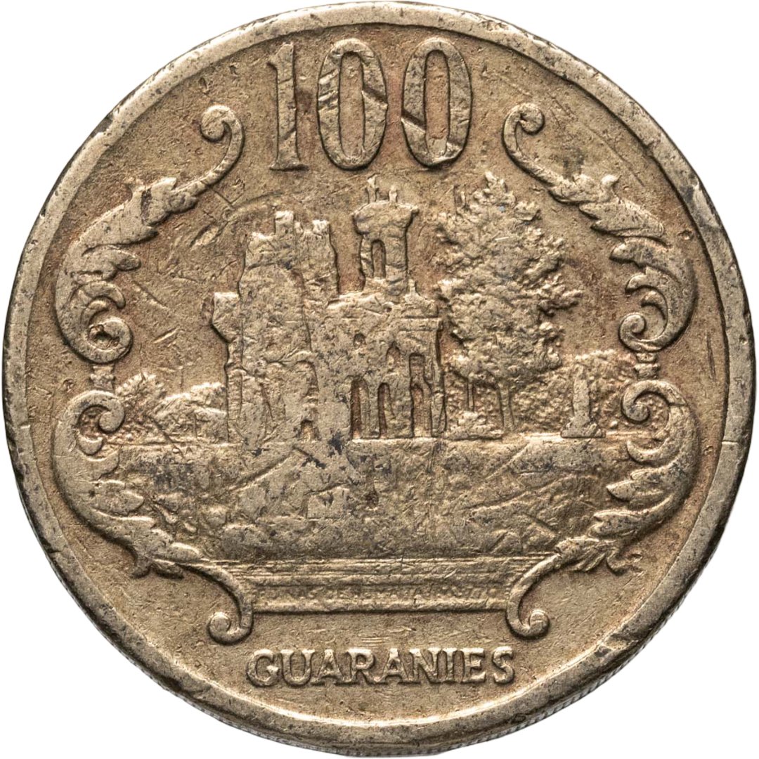 Парагвай 100 гуарани guaranies 1990, МНЦ медь-никель-цинк, в сохранности F-VF