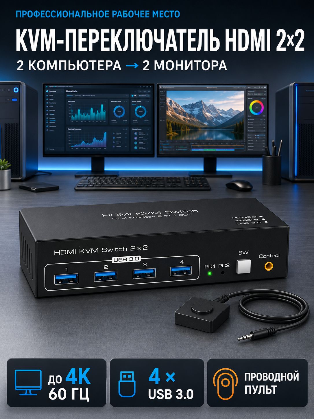 KVM-переключатель HDMI 2x2 для 2 мониторов и 2 компьютеров, до 4K 60 Гц, 4 порта USB 3.0, проводной пульт