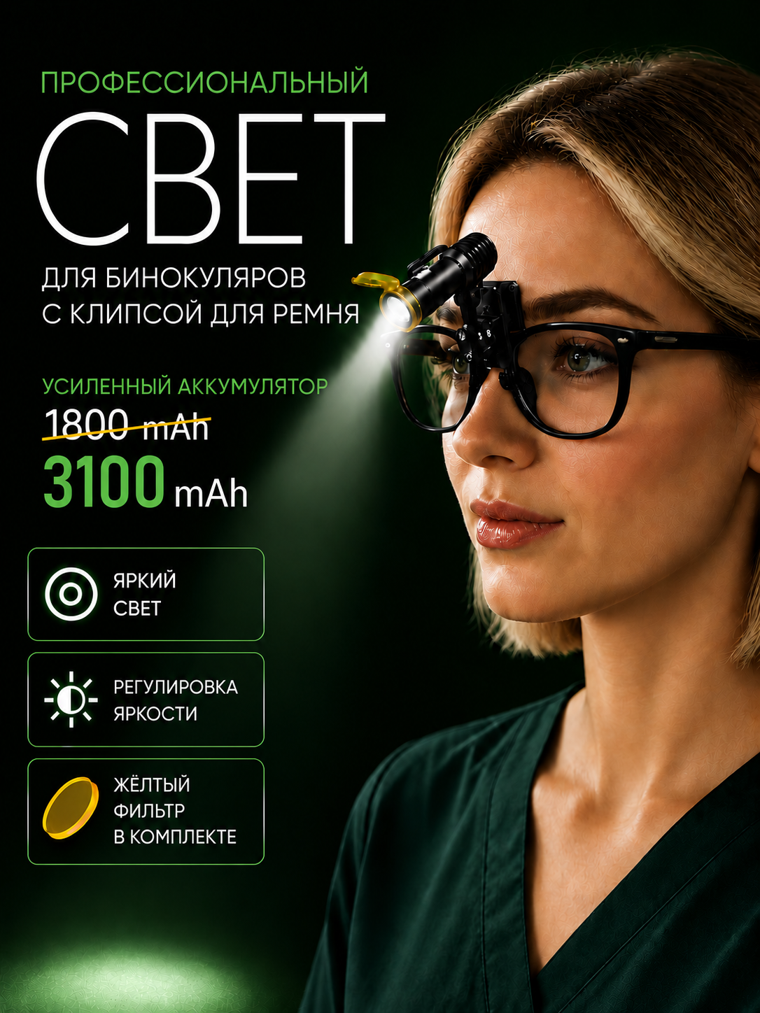 Подсветка к бинокулярам 5W с клипсой на ремень, повышенная мощность